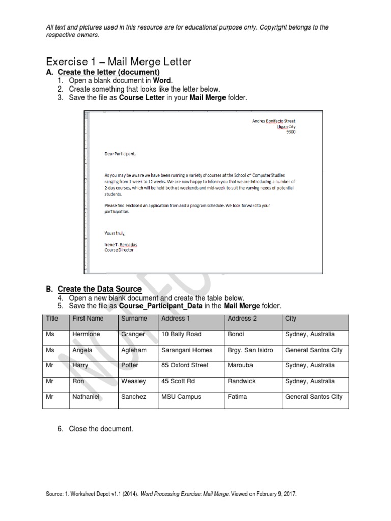 Mail Merge - Exercise 1 Course Letter | PDF