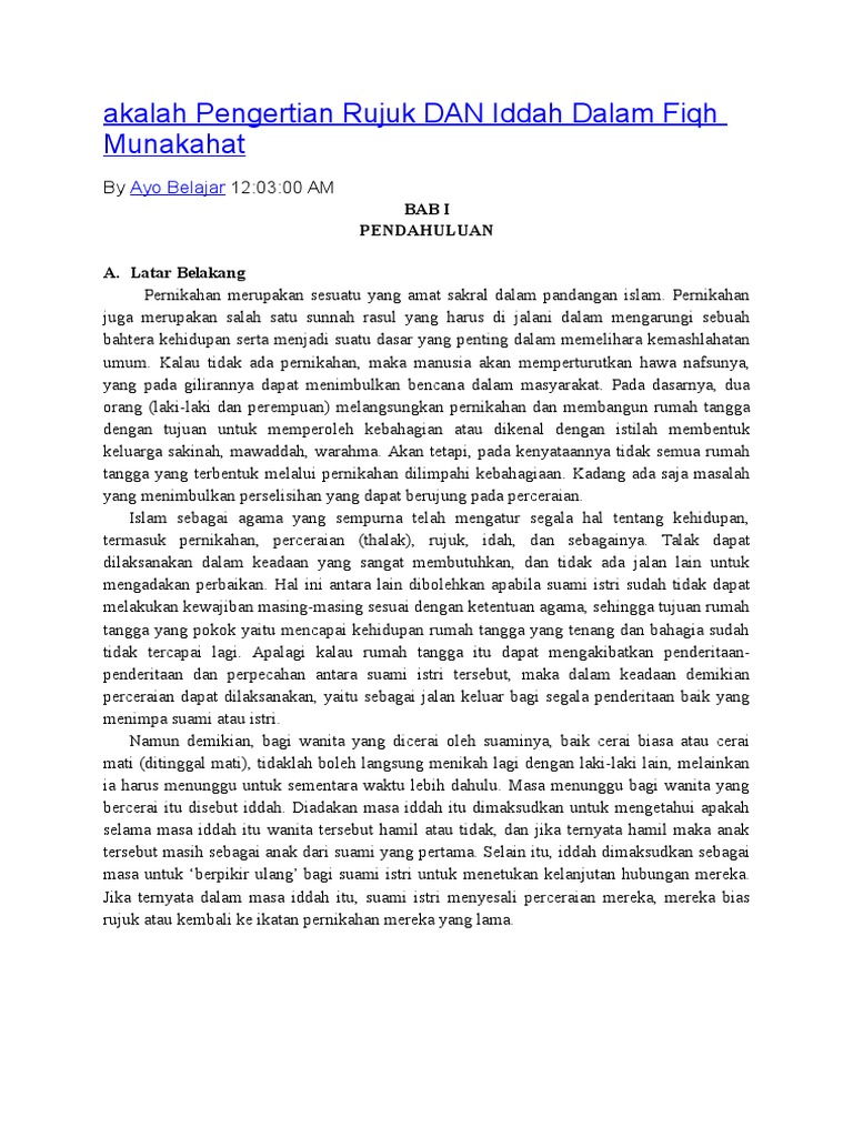 Akalah Pengertian Rujuk DAN Iddah Dalam Fiqh Munakahat | PDF