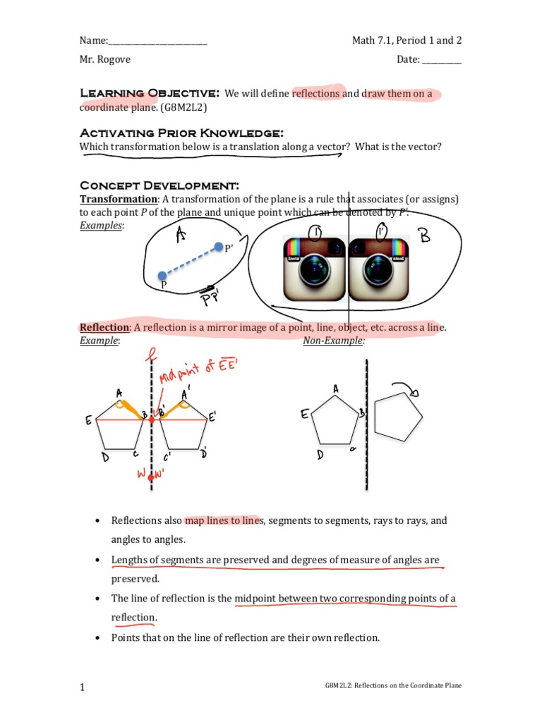 G8m2l2 7 1 Graphing Reflections On The Coordinate Plane Pdf
