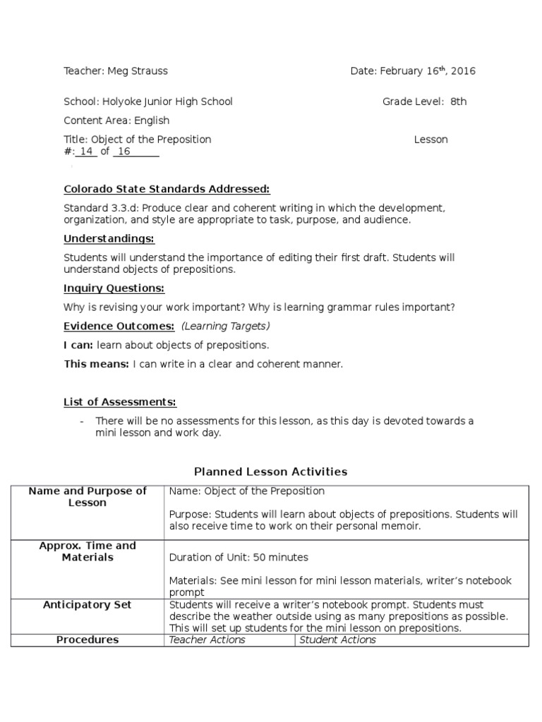 Planned Lesson Activities: Teacher Actions Student Actions | PDF