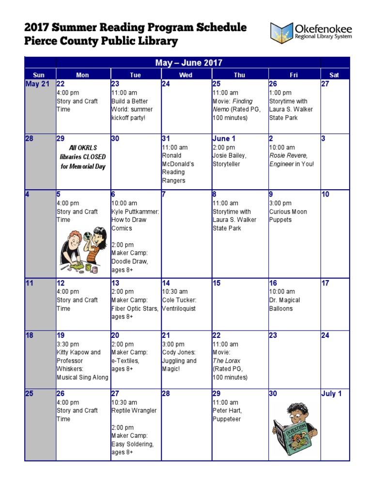 Pierce County Public Library Summer Program Events Calendar | PDF | Leisure