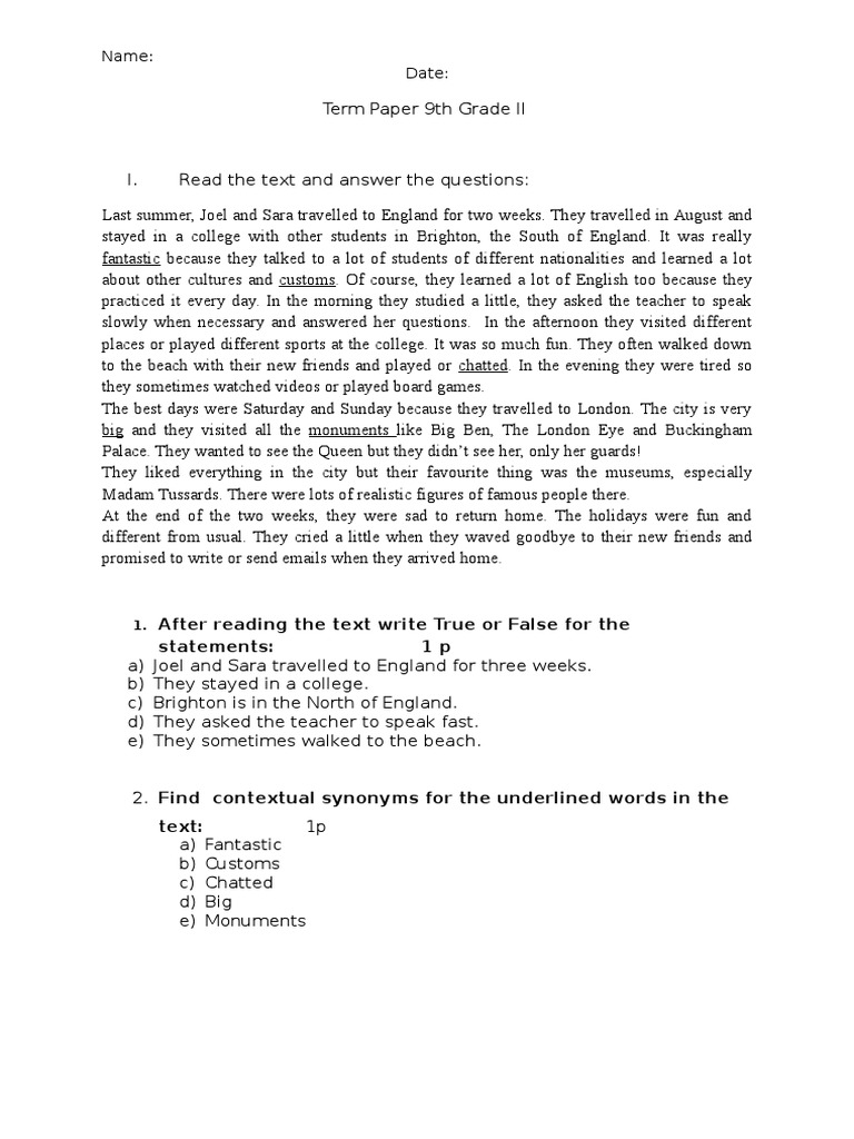 Term Paper 9th Grade II | PDF | Academic Term