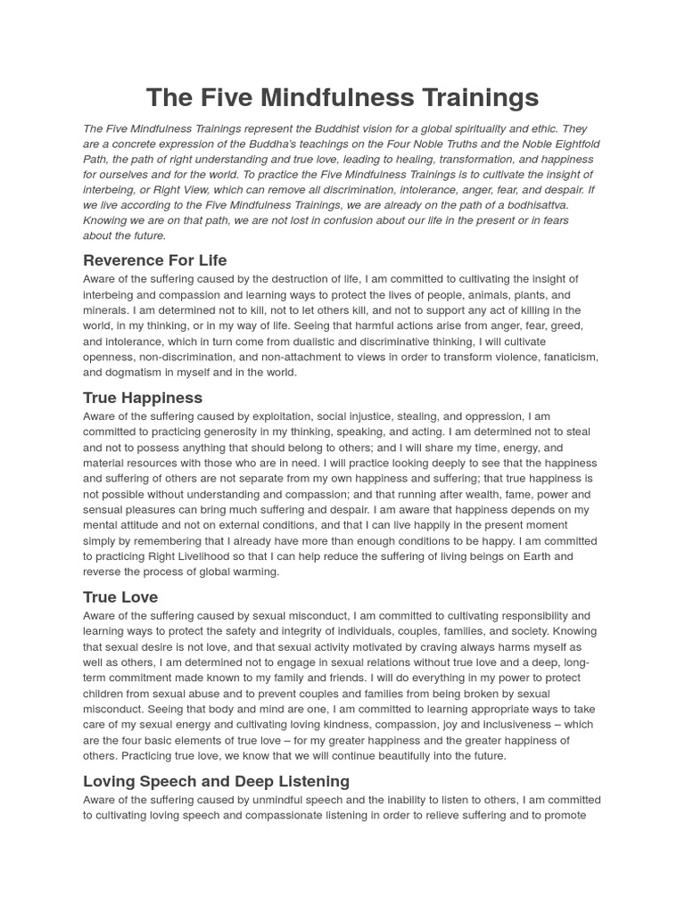 The Five Mindfulness Trainings | PDF | Sati (Buddhism) | Suffering