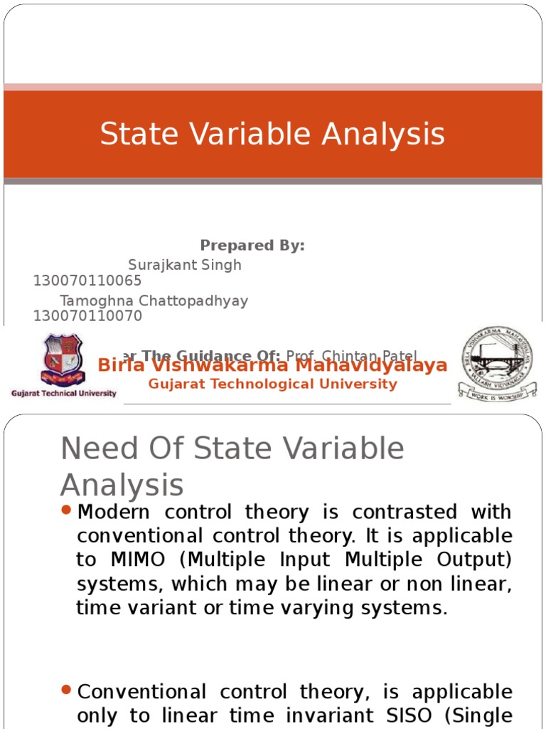 State Variable Analysis: Birla Vishwakarma Mahavidyalaya | PDF ...