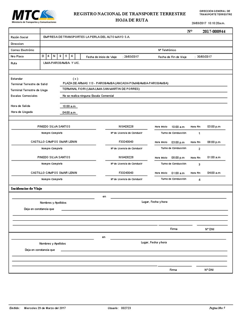 Hoja de Ruta de Transportes | PDF