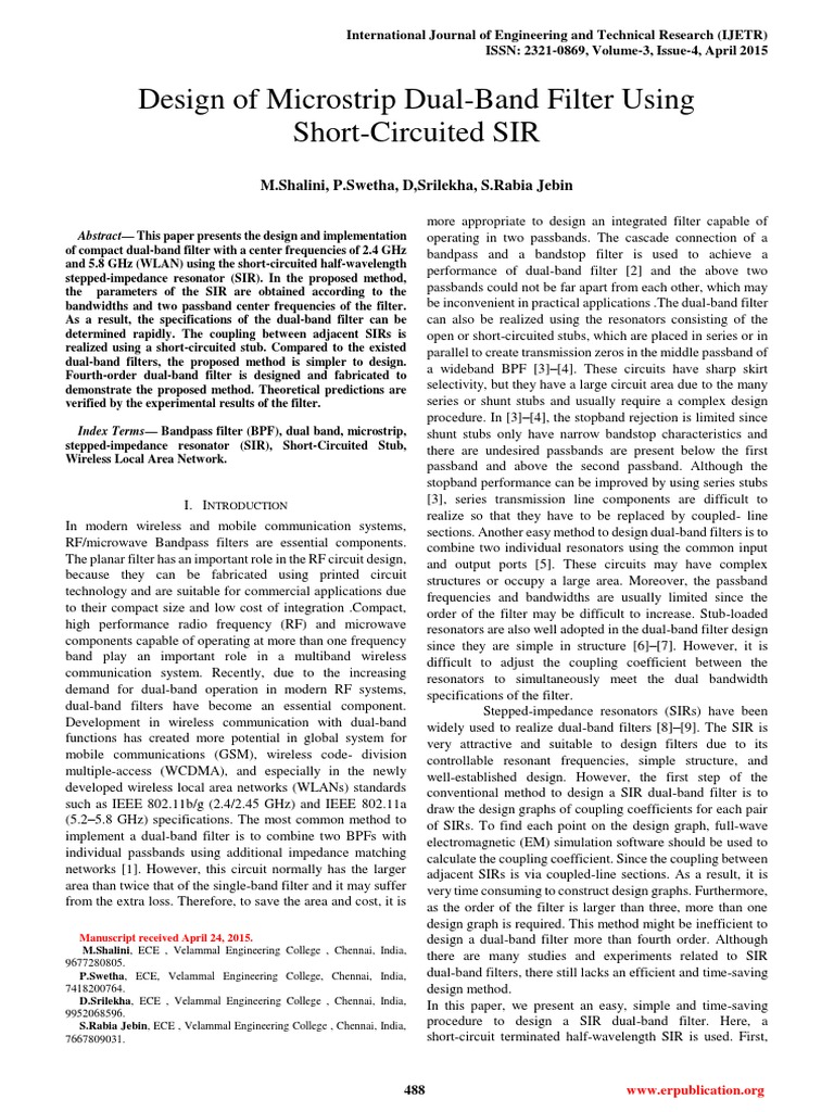 Design of Microstrip Dual-Band Filter Using Short-Circuited SIR | PDF | Electronic Filter ...