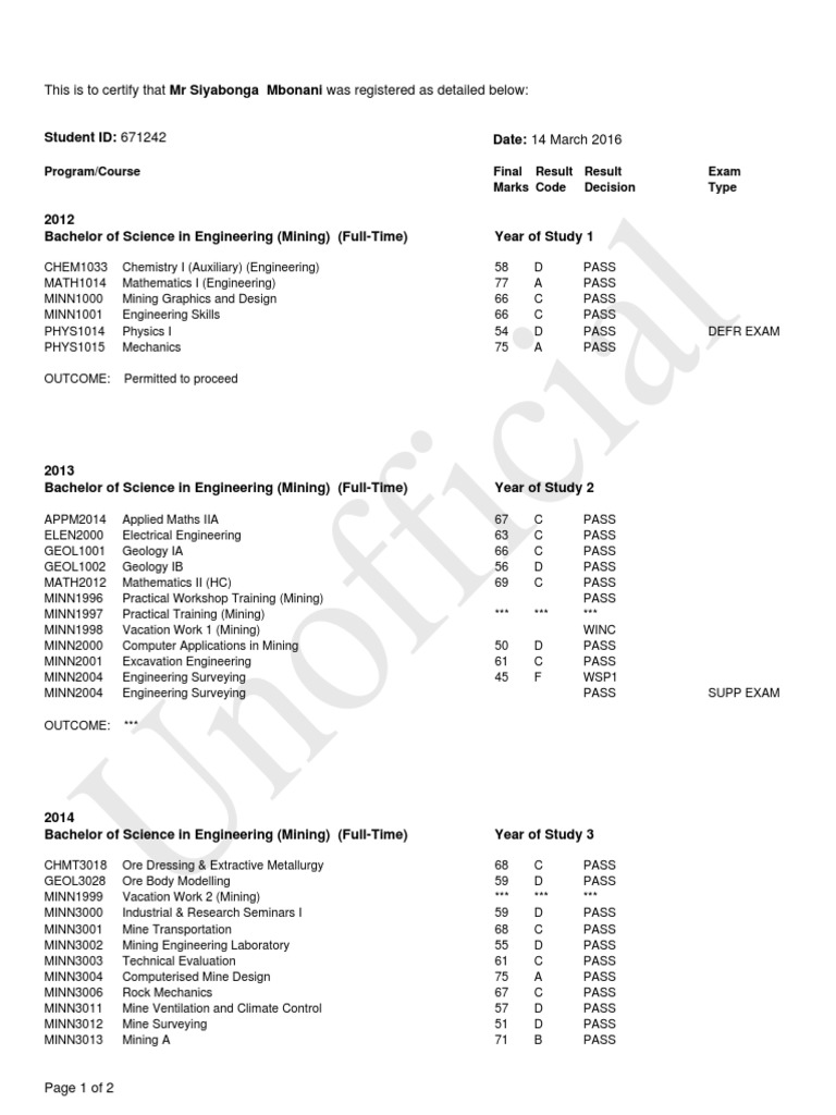 Varsity Transcript | PDF | Bachelor Of Science | Mining