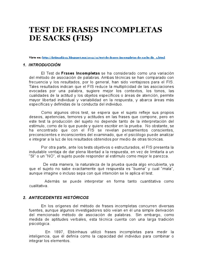Test de Frases Incompletas de Sacks | Sicología y ciencia cognitiva ...