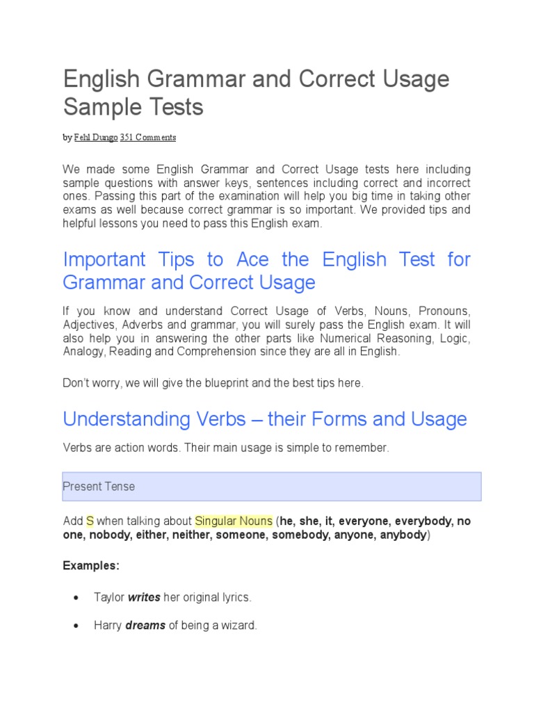 English Grammar and Correct Usage Sample Tests | PDF | English Grammar ...