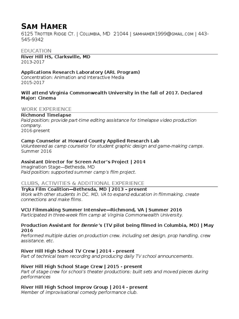 Sam Generic Resume 2017 | PDF | Filmmaking | Entertainment