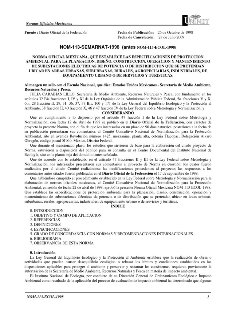 Nom 113 Semarnat 1998 | PDF | Subestacion electrica | México