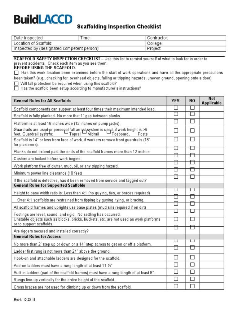 Scaffold Safety Inspection Checklist | PDF | Scaffolding | Nature