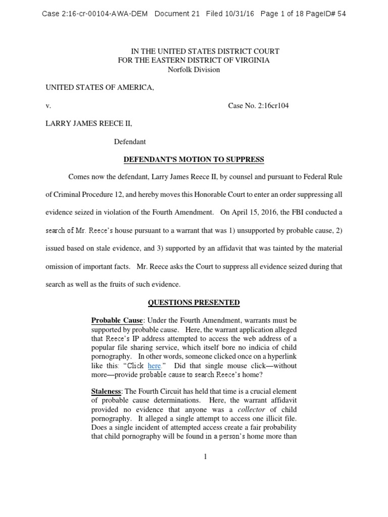 Reece's Motion To Suppress | PDF | Search And Seizure | Search Warrant