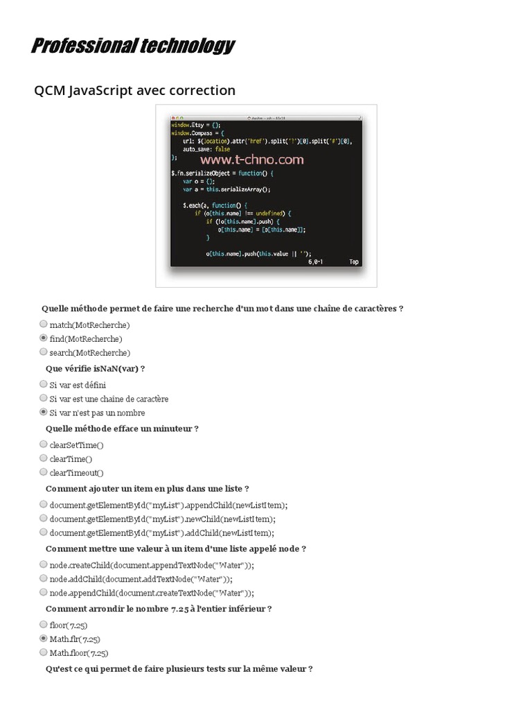 QCM JavaScript Avec Correction - Professional Technology | PDF ...
