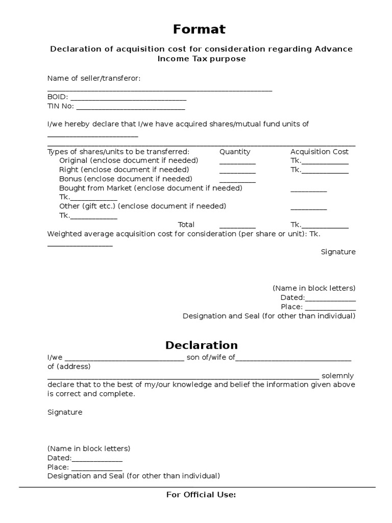 Format Acquisition Cost Declaration | PDF