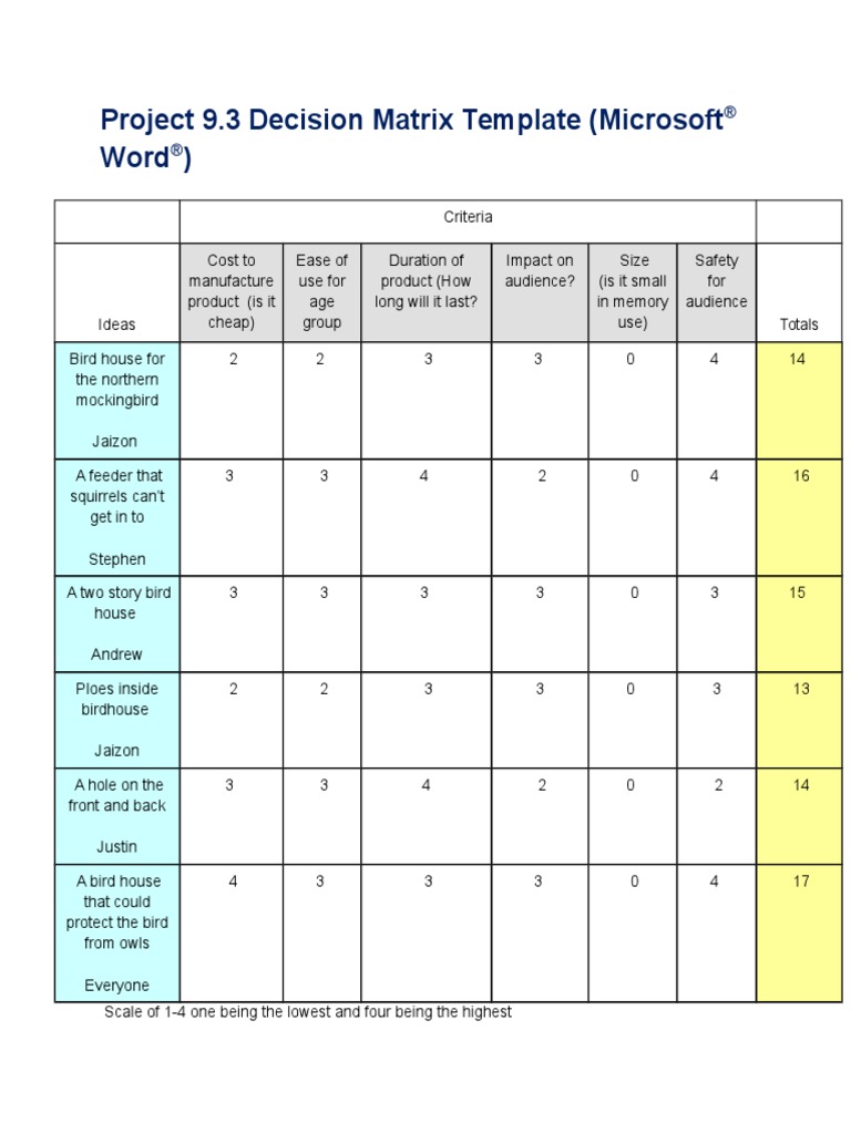 Project 9.3 Decision Matrix Template (Microsoft Word) | PDF