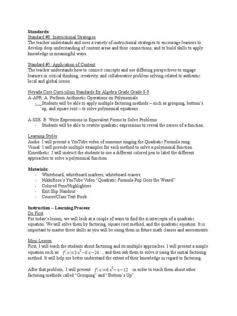 Lesson Plan | PDF | Factorization | Quadratic Equation