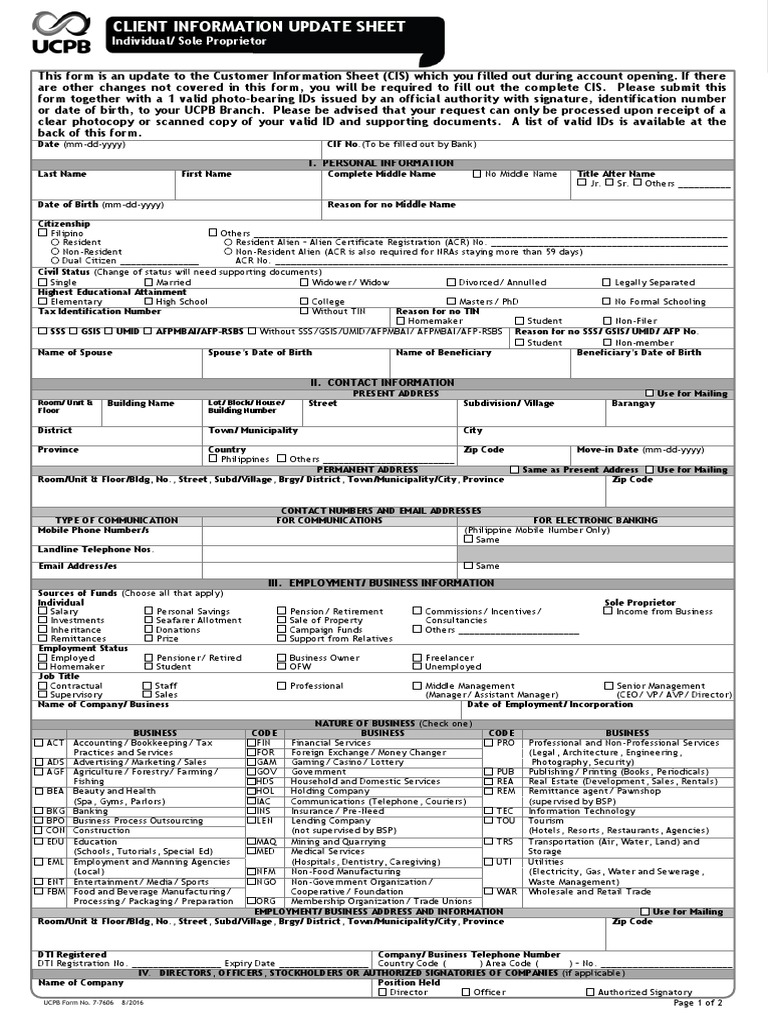 UCPB Client Information Update Sheet CIUS | PDF | Identity Document ...