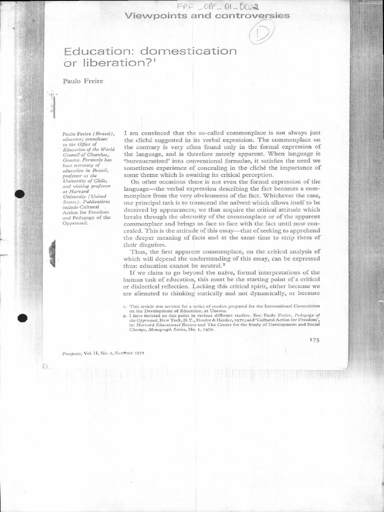 Paulo Freire - Education - Domestication or Liberation | PDF