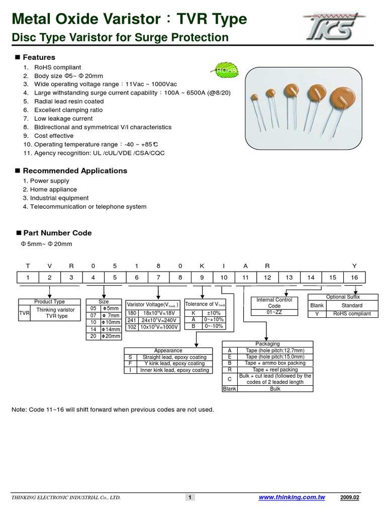 TVR Varistor Specifications and Features | PDF | Equipment | Electrical ...