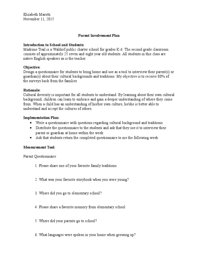 Parent Involvement Plan | Download Free PDF | Questionnaire | Waldorf ...