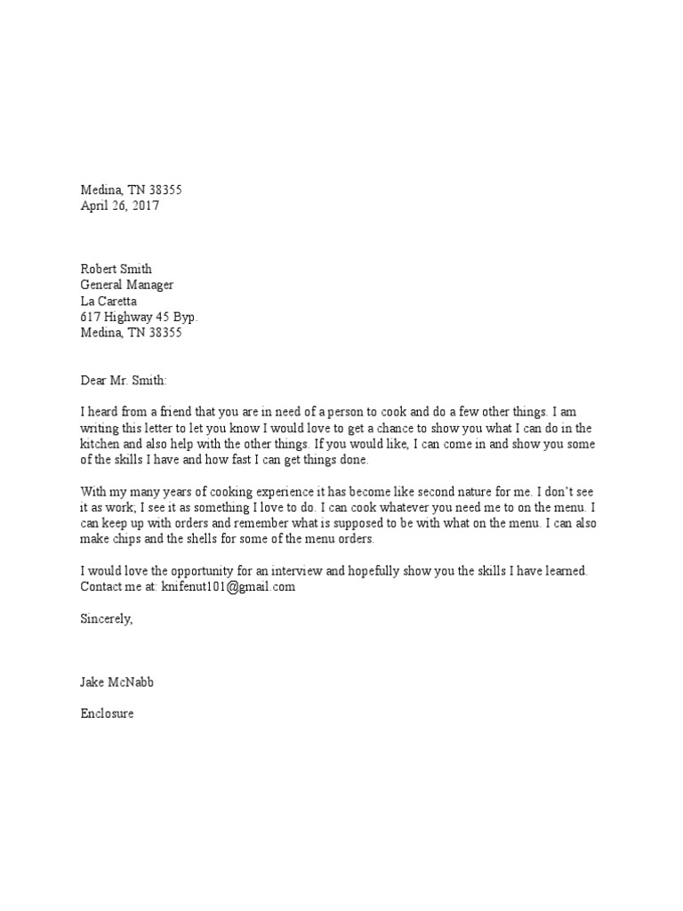 Cook Application Letter for La Caretta | PDF | Cooking, Food & Wine