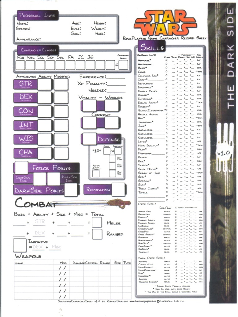 D20 - Star Wars - Darkside Character Sheet PDF | PDF | Role Playing Games | Role Playing
