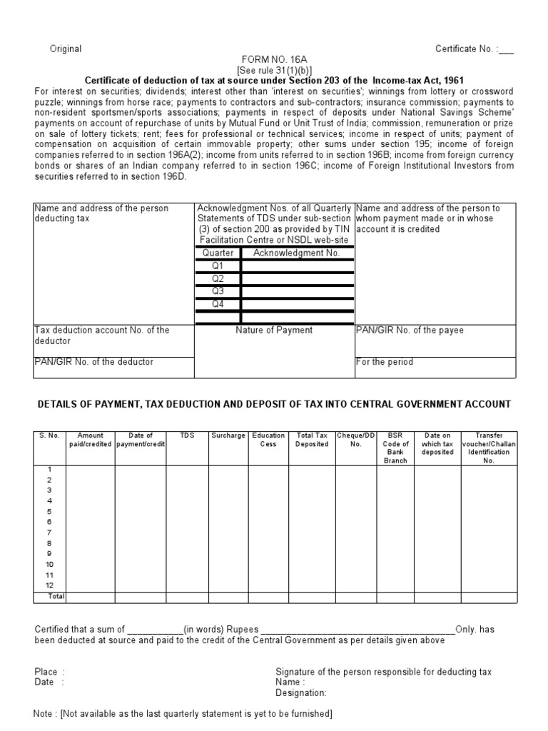 Form 16a - TDS - Blank 16a | PDF | Payments | Securities (Finance)
