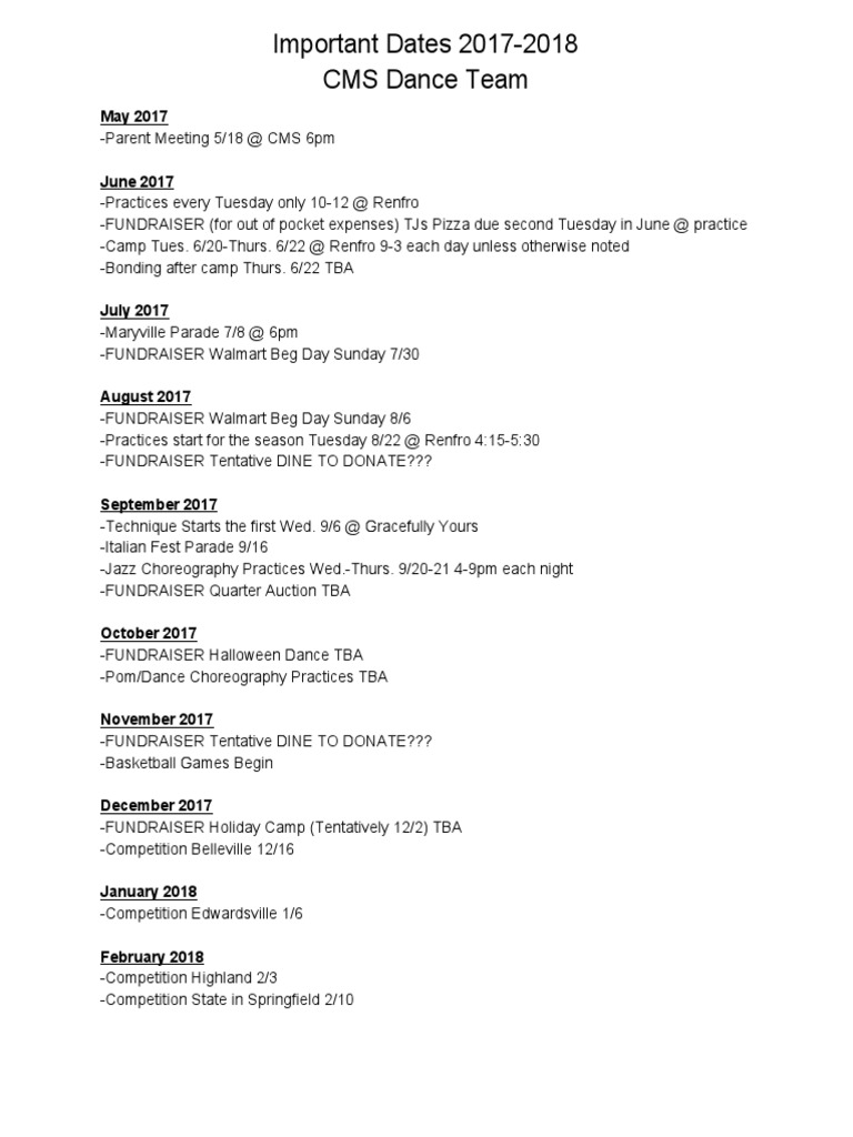 CMS Dance Team Important Dates 2017-2018 | PDF