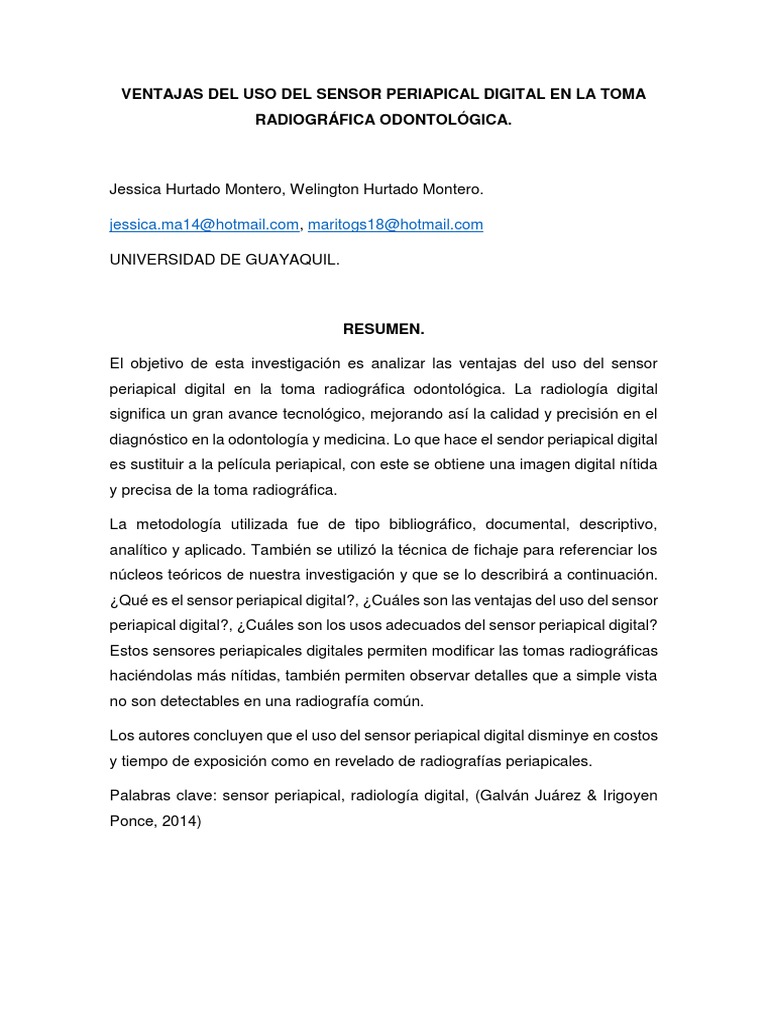 Ventajas Del Uso Del Sensor Periapical Digital | PDF | Rayo X | Aluminio