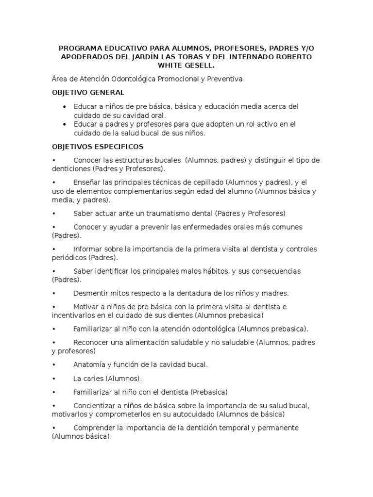 Bosquejo Programa Educativo Junaeb | PDF | Diente humano | Odontología