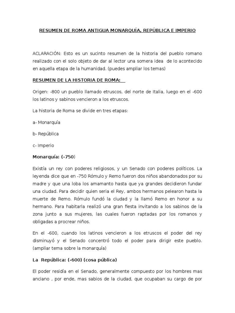 Resumen de Roma Antigua Monarquía | PDF | Augusto | Roma antigua