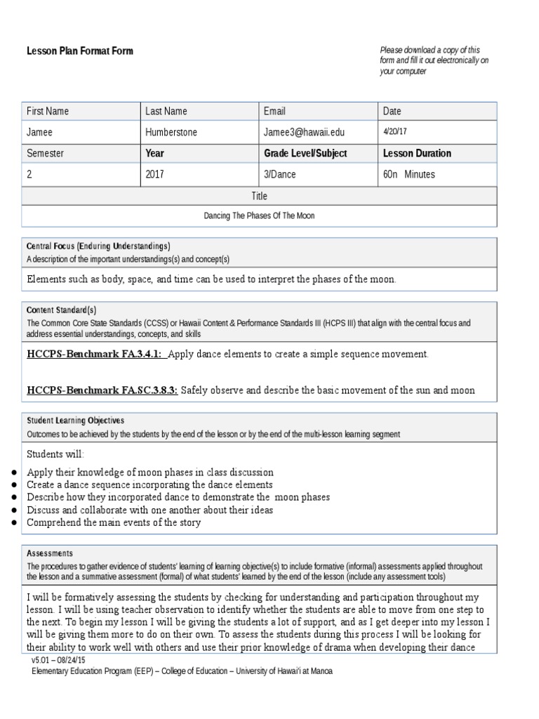 Lesson Plan Format Form: Central Focus (Enduring Understandings) | PDF | Educational Assessment ...