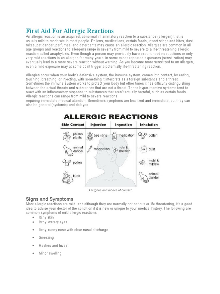 First Aid For Allergic Reactions | PDF | Allergen | Allergy