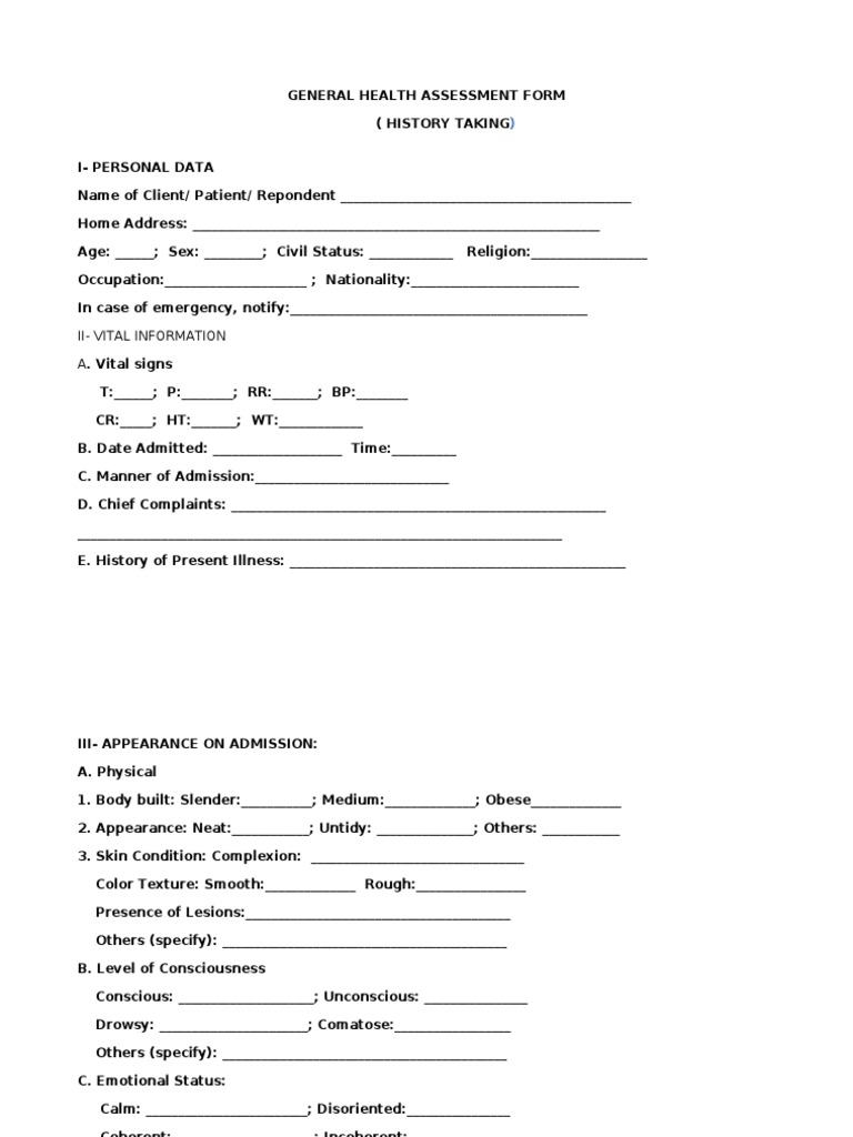 General Health Assessment Form | Medicine | Nervous System