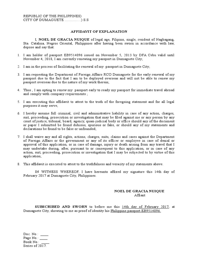 Sample Affidavit of Explanation (Early Renewal) | PDF | Affidavit | Passport