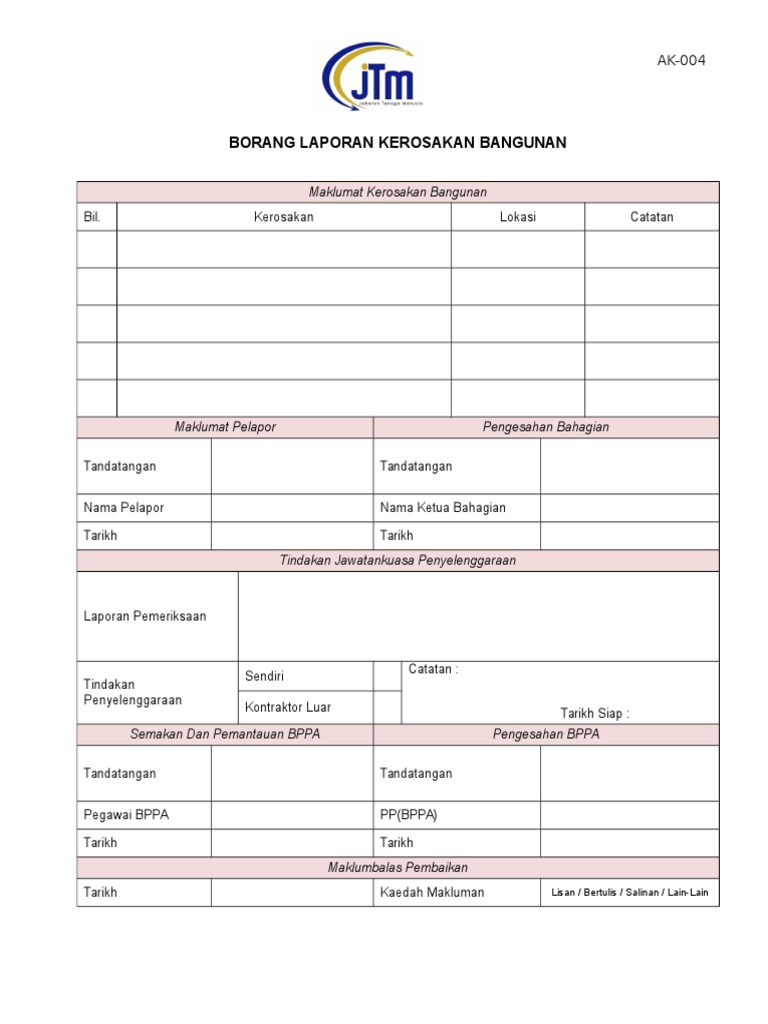 Borang Laporan Kerosakan Bangunan | PDF Borang Laporan Kerosakan Bangunan | PDF