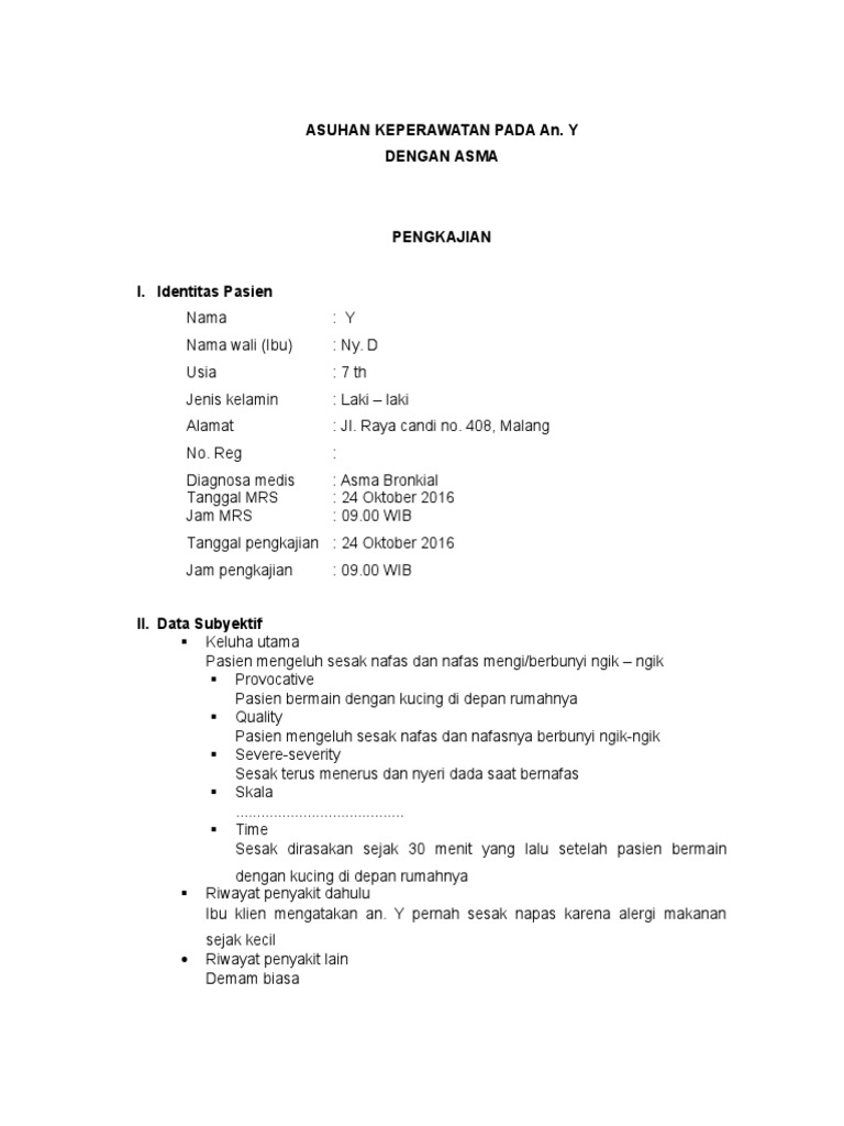 Asuhan Keperawatan Pada Pasien Asma Bronkial An. Y | PDF