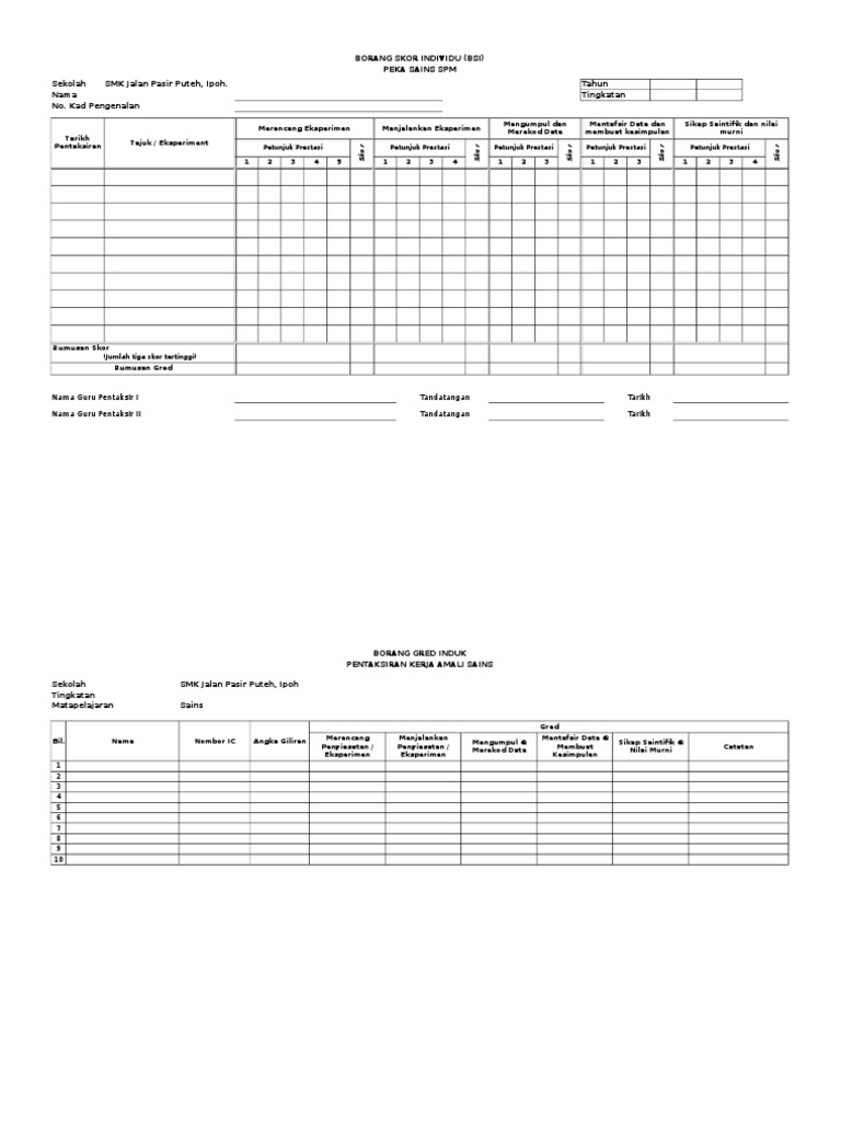 Borang Skor Individu PEKA Sains SPM | PDF