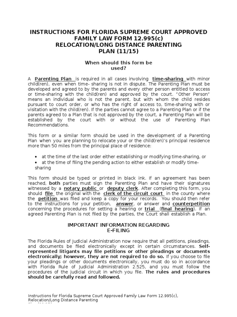 Instructions For Florida Supreme Court Approved FAMILY LAW FORM 12.995 ...