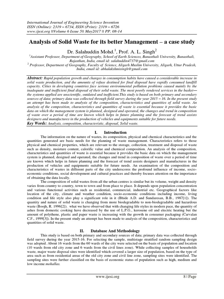 Analysis of Solid Waste For Its Better Management - A Case Study | PDF ...