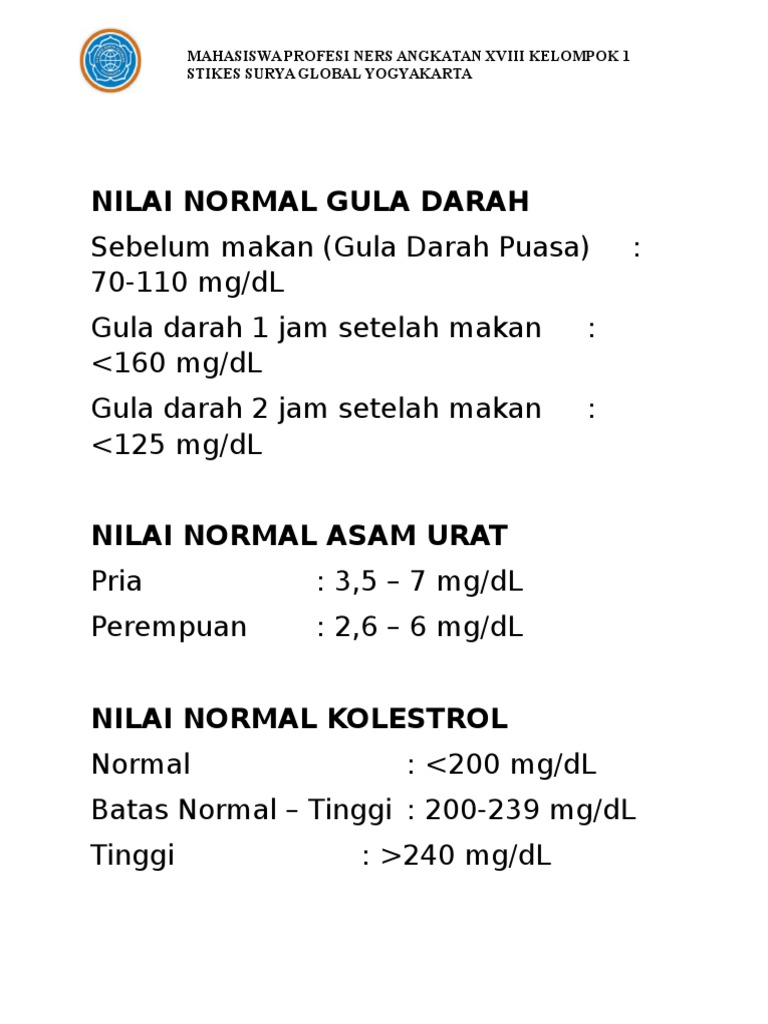 Panduan Nilai Normal Tes Laboratorium Penting | PDF