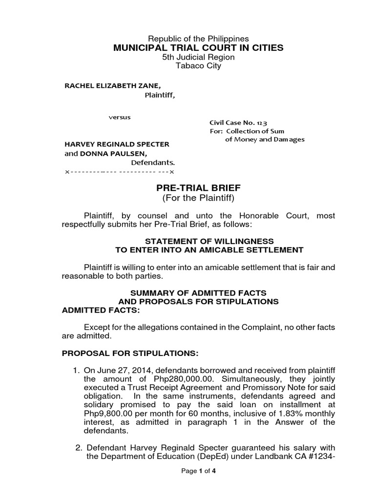 Pre Trial Brief | Lawsuit | Loans