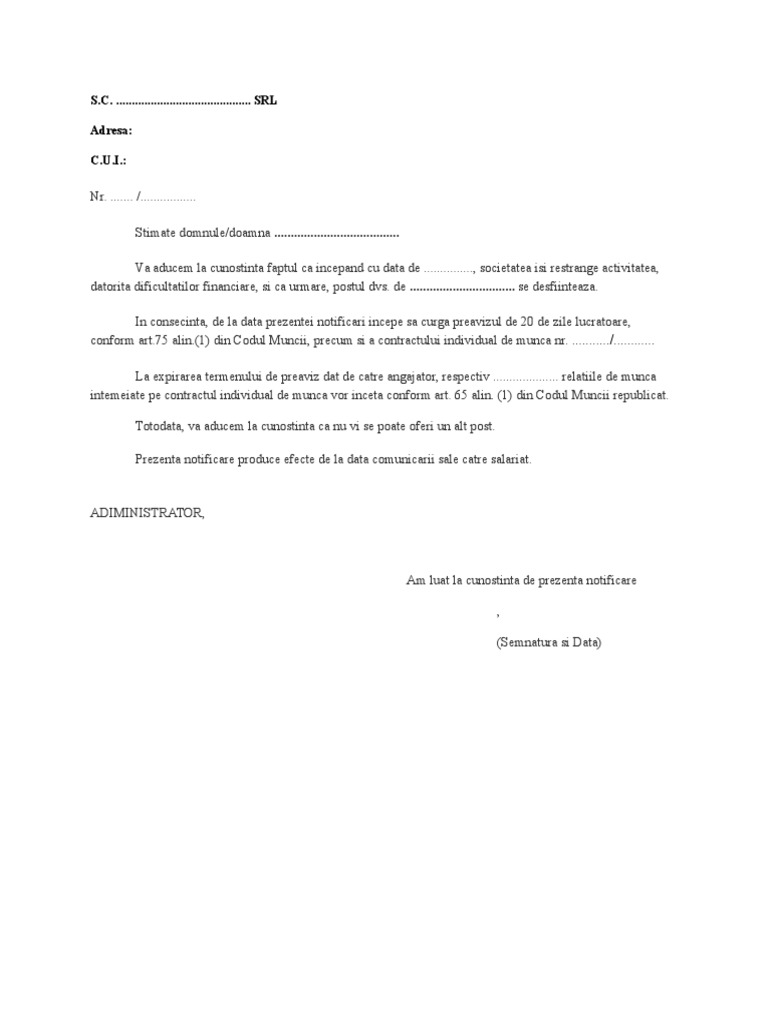 Notificare Preaviz | PDF