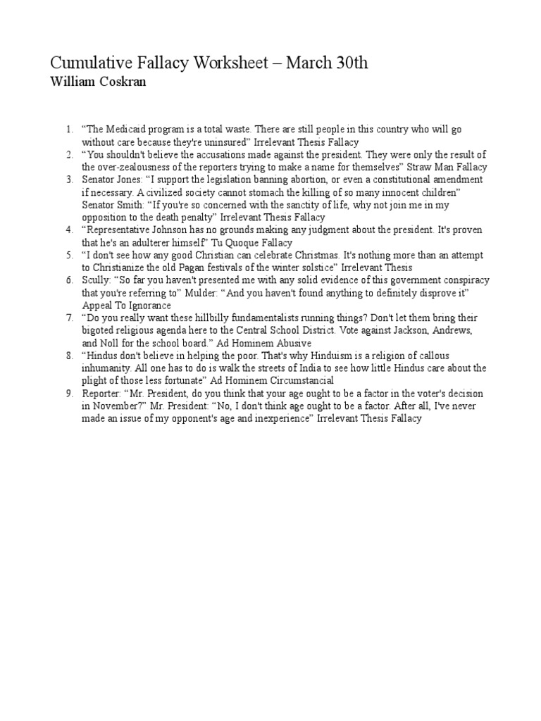 En Cumulative Fallacy Worksheet | PDF