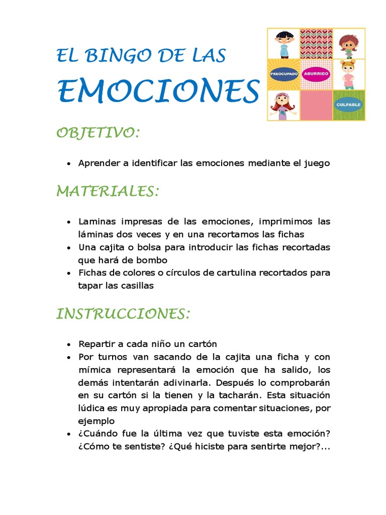 Bingo de las Emociones para Niños | PDF | Juego de azar | Actividades ...