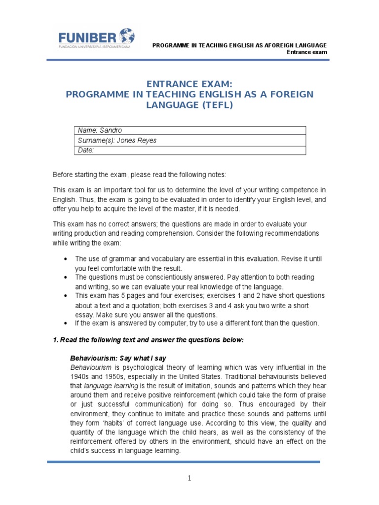Entrance Exam TEFL | PDF | Language Acquisition | Second Language ...