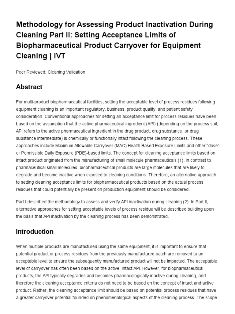 Methodology For Assessing Product Inactivation During Cleaning Part II ...