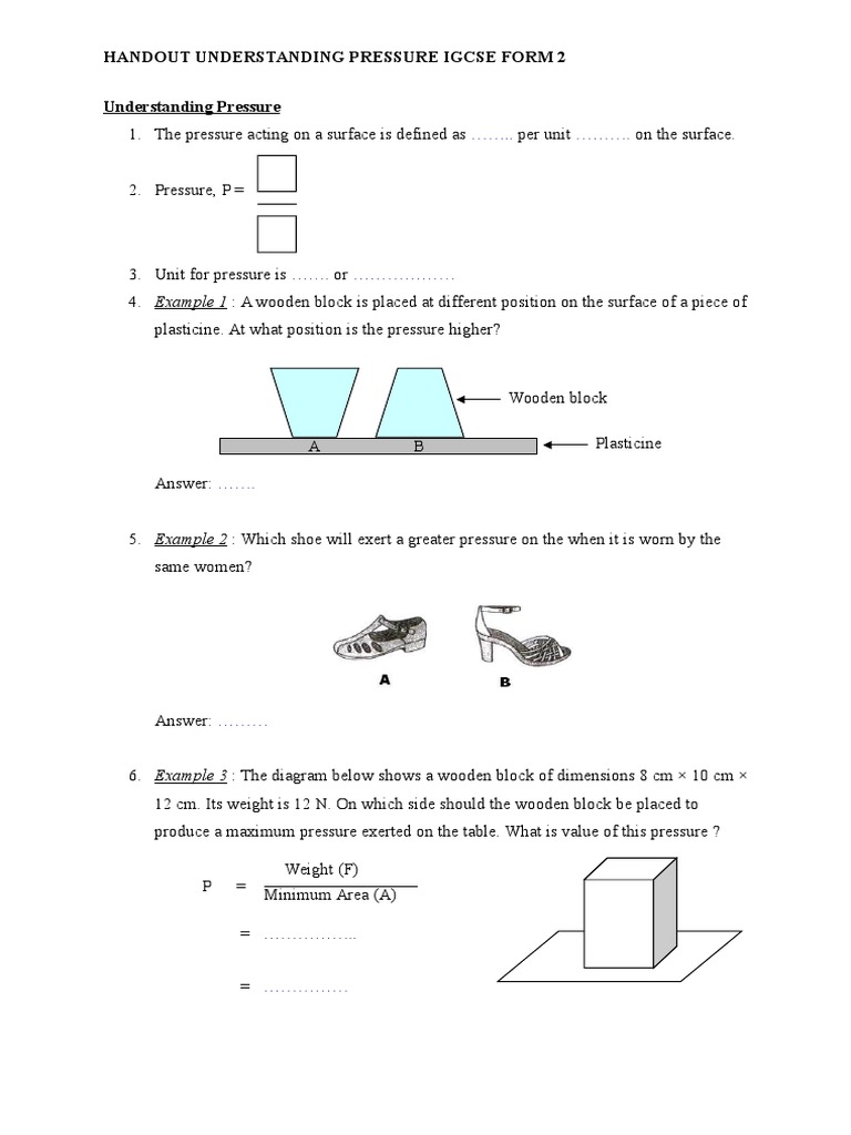 Handout Understanding Pressure Igcse Form 2 Understanding Pressure | PDF