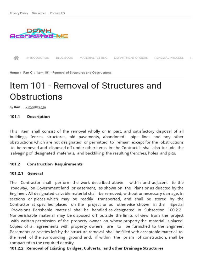 Removal of Structures and Obstructions | PDF | Road Surface | Pipe ...